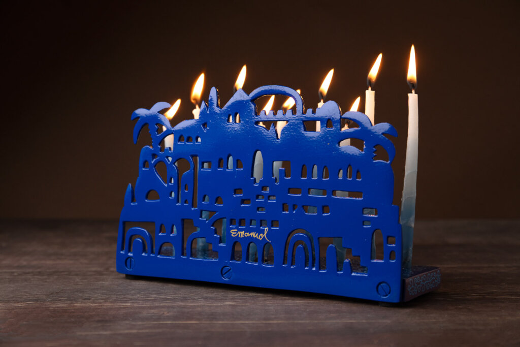 Hand Painted Laser Cut Jerusalem Hanukkah Menorah - Israel Cart