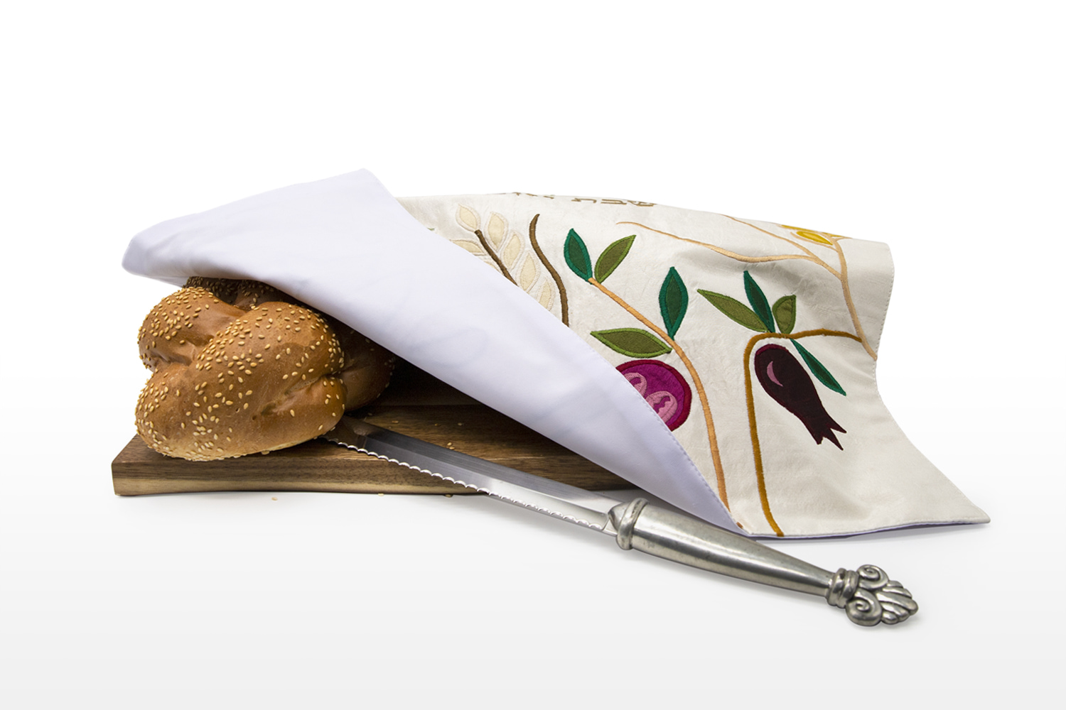 Raw Silk Challah Cover, 7 Species - Israel Cart